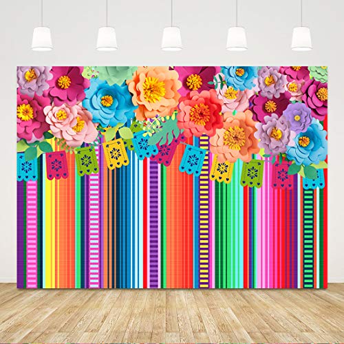 Ticuenicoa 7x5ft Mexican Fiesta Backdrop Photobooth Flowers Fiesta Background Drop Cinco De Mayo Backdrop for Pictures Floral Stripes Flags Birthday Party Mexican Party Decorations Photo Booth Props