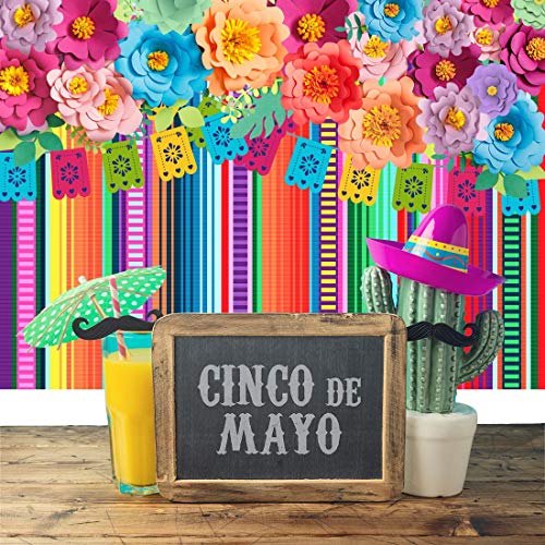 Ticuenicoa 7x5ft Mexican Fiesta Backdrop Photobooth Flowers Fiesta Background Drop Cinco De Mayo Backdrop for Pictures Floral Stripes Flags Birthday Party Mexican Party Decorations Photo Booth Props