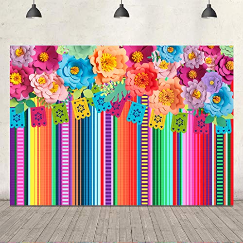 Ticuenicoa 7x5ft Mexican Fiesta Backdrop Photobooth Flowers Fiesta Background Drop Cinco De Mayo Backdrop for Pictures Floral Stripes Flags Birthday Party Mexican Party Decorations Photo Booth Props