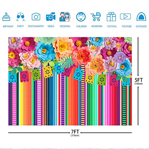 Ticuenicoa 7x5ft Mexican Fiesta Backdrop Photobooth Flowers Fiesta Background Drop Cinco De Mayo Backdrop for Pictures Floral Stripes Flags Birthday Party Mexican Party Decorations Photo Booth Props