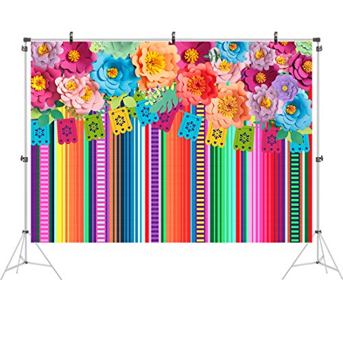 Ticuenicoa 7x5ft Mexican Fiesta Backdrop Photobooth Flowers Fiesta Background Drop Cinco De Mayo Backdrop for Pictures Floral Stripes Flags Birthday Party Mexican Party Decorations Photo Booth Props