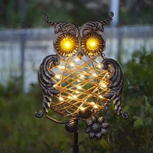 abkshine solar powered owl decor, led solar owl lights, outdoor garden gifts for mom, owl gifts for women owl lovers, rustic metal owl stake ornaments for lawn yard patio pathway christmas decorations