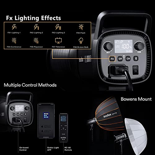 Godox SL100D LED Video Light, with Godox RC-A6 Remote Controller, 100W 5600K 32,100Lux @1M CRI 96+ Daylight LED Continuous Light, 8 FX Effects Studio LED Light with Bowens Mount