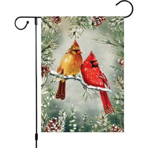 heyfibro welcome winter garden flag cardinal red bird holly berry branches snow welcome winter flags 12×18 inch double sided burlap banner for winter holiday christmas yard outdoor decoration(only flag)