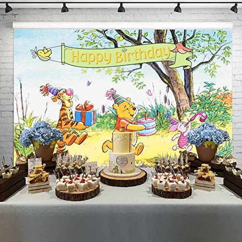 Watercolor Pooh Bear 1st Birthday Backdrop Winnie and Friends Spring Tree Background Boys Girls 2nd Birthday Decorations Kids Birthday Party Banner 7x5 ft 135