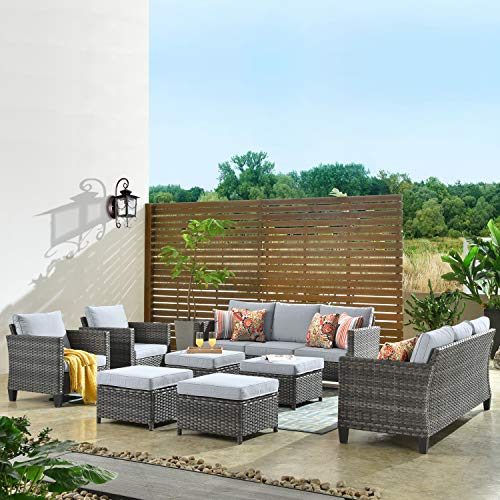 ovios Patio Furniture Set 8 PCS High Back Sofa Outdoor Conversation Sets All Weather Wicker Rattan Sectional Sofa Set Couch and Chairs Garden Backyard Porch (Grey)