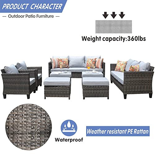 ovios Patio Furniture Set 8 PCS High Back Sofa Outdoor Conversation Sets All Weather Wicker Rattan Sectional Sofa Set Couch and Chairs Garden Backyard Porch (Grey)