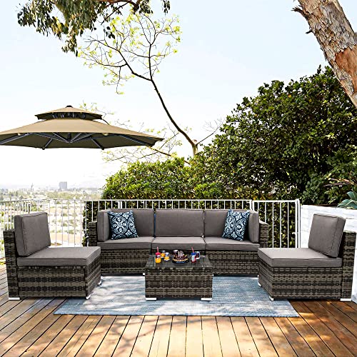 YITAHOME 6 Piece Outdoor Patio Furniture Sets, Garden Conversation Wicker Sofa Set, and Patio Sectional Furniture Sofa Set with Coffee Table and Cushion for Lawn, Backyard, and Poolside, Gray Gradient