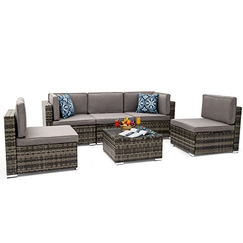 YITAHOME 6 Piece Outdoor Patio Furniture Sets, Garden Conversation Wicker Sofa Set, and Patio Sectional Furniture Sofa Set with Coffee Table and Cushion for Lawn, Backyard, and Poolside, Gray Gradient