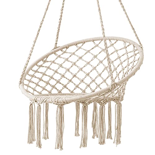 HBlife Hammock Chair, Hanging Swing with Macrame, Max 330 Lbs, Beige Hanging Cotton Rope Chair for Indoor, Outdoor, Bedroom, Patio, Yard, Deck, Garden and Porch, for Child