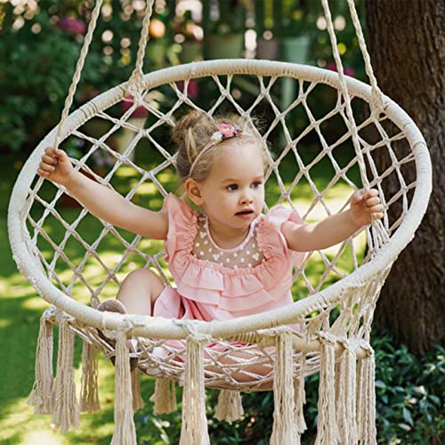 HBlife Hammock Chair, Hanging Swing with Macrame, Max 330 Lbs, Beige Hanging Cotton Rope Chair for Indoor, Outdoor, Bedroom, Patio, Yard, Deck, Garden and Porch, for Child