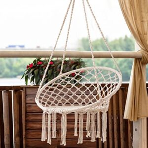 HBlife Hammock Chair, Hanging Swing with Macrame, Max 330 Lbs, Beige Hanging Cotton Rope Chair for Indoor, Outdoor, Bedroom, Patio, Yard, Deck, Garden and Porch, for Child