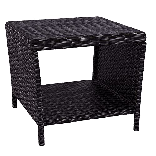 Sundale Outdoor Patio 19" Wicker Coffee Table, Small 2-Tier Rattan Square Short Storage Side Table, All-Weather End Accent Table for Outside Deck Yard Terrace Pool Garden, Black