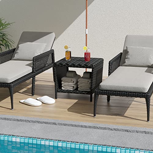 Sundale Outdoor Patio 19" Wicker Coffee Table, Small 2-Tier Rattan Square Short Storage Side Table, All-Weather End Accent Table for Outside Deck Yard Terrace Pool Garden, Black