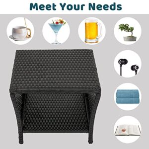 Sundale Outdoor Patio 19" Wicker Coffee Table, Small 2-Tier Rattan Square Short Storage Side Table, All-Weather End Accent Table for Outside Deck Yard Terrace Pool Garden, Black