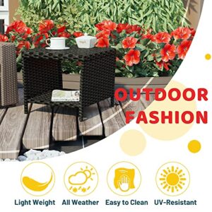 Sundale Outdoor Patio 19" Wicker Coffee Table, Small 2-Tier Rattan Square Short Storage Side Table, All-Weather End Accent Table for Outside Deck Yard Terrace Pool Garden, Black