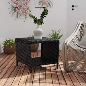 Sundale Outdoor Patio 19" Wicker Coffee Table, Small 2-Tier Rattan Square Short Storage Side Table, All-Weather End Accent Table for Outside Deck Yard Terrace Pool Garden, Black