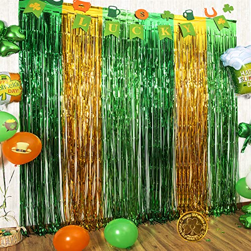 LOLStar St. Patrick's Day Foil Fringe Curtain St Patrick's Day Party Decorations, 3.3 x 6.6 ft Green Gold and Light Green Tinsel Photo Booth Prop, Streamer Backdrop for Irish Themed Decoration