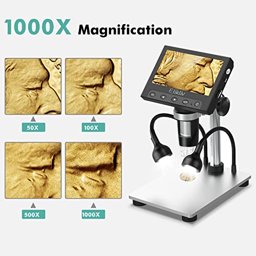 Elikliv EDM4S Coin Microscope for Error Coins, 4.3'' 1000X LCD Digital Microscope with Screen 720P USB Microscope Camera, 10 LED Fill Lights, Metal Stand, PC View, Compatible with Windows/Os