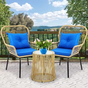 YITAHOME 3-Piece Outdoor Patio Furniture Wicker Bistro Set, All-Weather Rattan Conversation Chairs for Backyard, Balcony and Deck with Soft Cushions, Glass Side Table (Light Brown+Navy Blue)