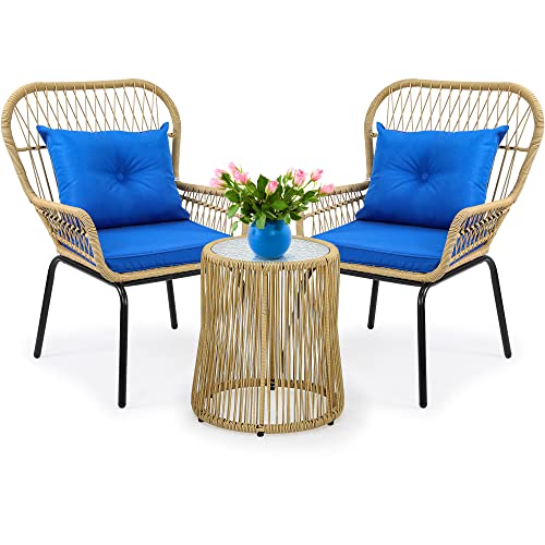 YITAHOME 3-Piece Outdoor Patio Furniture Wicker Bistro Set, All-Weather Rattan Conversation Chairs for Backyard, Balcony and Deck with Soft Cushions, Glass Side Table (Light Brown+Navy Blue)