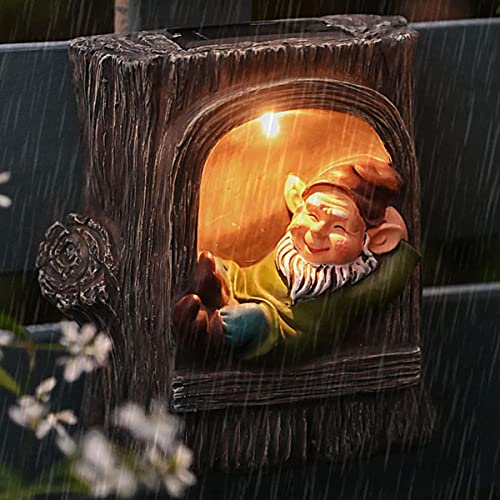 OwMell Garen Gnome Tree Hugger, Outdoor Gnome Statue Figurine with Solar LED Lights, Tree Huggers Decoration for Patio Yard Lawn Garden Ornament 6"