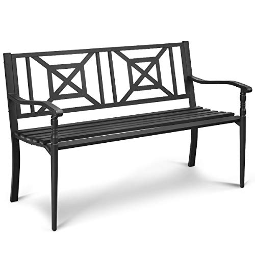 Giantex Patio Garden Bench, Heavy-Duty Park Bench w/Powder Coated Steel Frame, Elegant Loveseat w/Decorative Backrest & Ergonomic Armrest for Outdoor Garden, Backyard, Lawn, Porch, Path (Black)