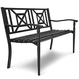 Giantex Patio Garden Bench, Heavy-Duty Park Bench w/Powder Coated Steel Frame, Elegant Loveseat w/Decorative Backrest & Ergonomic Armrest for Outdoor Garden, Backyard, Lawn, Porch, Path (Black)