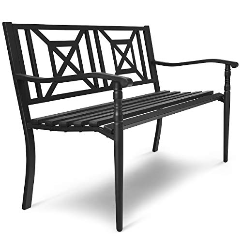 Giantex Patio Garden Bench, Heavy-Duty Park Bench w/Powder Coated Steel Frame, Elegant Loveseat w/Decorative Backrest & Ergonomic Armrest for Outdoor Garden, Backyard, Lawn, Porch, Path (Black)