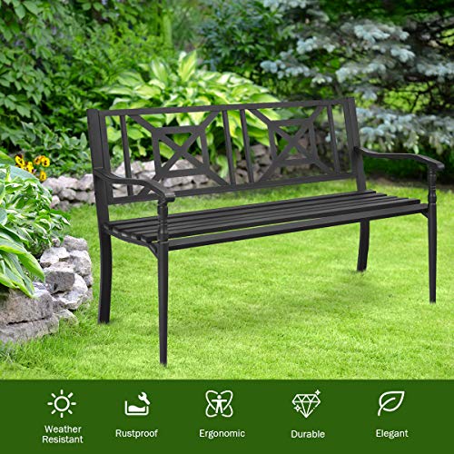 Giantex Patio Garden Bench, Heavy-Duty Park Bench w/Powder Coated Steel Frame, Elegant Loveseat w/Decorative Backrest & Ergonomic Armrest for Outdoor Garden, Backyard, Lawn, Porch, Path (Black)