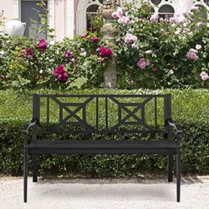 Giantex Patio Garden Bench, Heavy-Duty Park Bench w/Powder Coated Steel Frame, Elegant Loveseat w/Decorative Backrest & Ergonomic Armrest for Outdoor Garden, Backyard, Lawn, Porch, Path (Black)