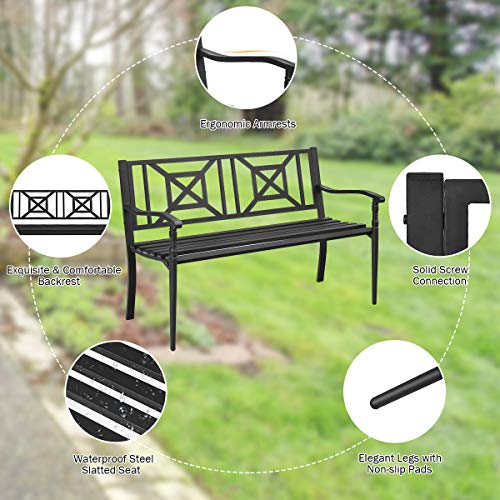 Giantex Patio Garden Bench, Heavy-Duty Park Bench w/Powder Coated Steel Frame, Elegant Loveseat w/Decorative Backrest & Ergonomic Armrest for Outdoor Garden, Backyard, Lawn, Porch, Path (Black)