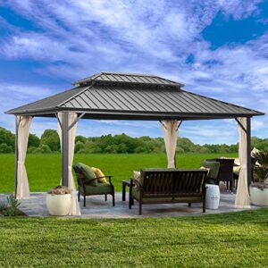 outdoor patio hardtop gazebo with netting,galvanized steel double roof canopy gazebo,aluminum frame for patio,garden,backyard,lawn and deck,black(10x12ft)