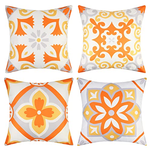 cygnus Outdoor Waterproof Throw Pillow Covers 18x18 Inch Set of 4 Boho Decorative Floral Covers for Patio Furniture Porch (18 * 18inch/45 * 45cm, Orange and Teal)