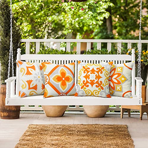 cygnus Outdoor Waterproof Throw Pillow Covers 18x18 Inch Set of 4 Boho Decorative Floral Covers for Patio Furniture Porch (18 * 18inch/45 * 45cm, Orange and Teal)