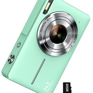 Digital Camera, FHD 1080P Kids Camera 44MP Point and Shoot Digital Cameras with 32GB SD Card, 16X Zoom, Two Batteries, Lanyard, Compact Small Camera for Kids Boys Girls Teens Students Seniors- Green