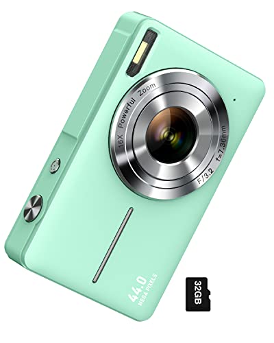 Digital Camera, FHD 1080P Kids Camera 44MP Point and Shoot Digital Cameras with 32GB SD Card, 16X Zoom, Two Batteries, Lanyard, Compact Small Camera for Kids Boys Girls Teens Students Seniors- Green