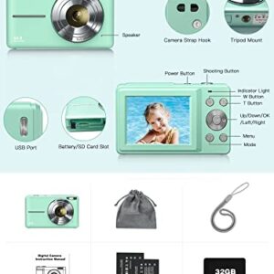 Digital Camera, FHD 1080P Kids Camera 44MP Point and Shoot Digital Cameras with 32GB SD Card, 16X Zoom, Two Batteries, Lanyard, Compact Small Camera for Kids Boys Girls Teens Students Seniors- Green