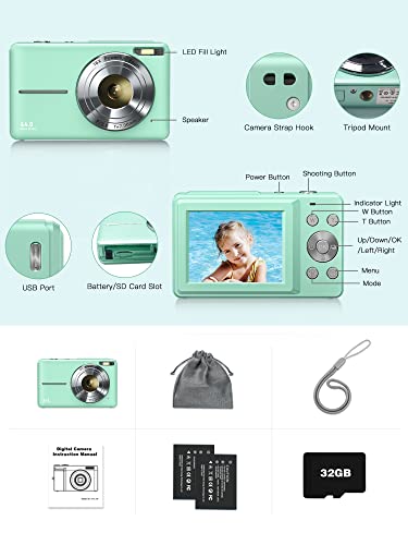 Digital Camera, FHD 1080P Kids Camera 44MP Point and Shoot Digital Cameras with 32GB SD Card, 16X Zoom, Two Batteries, Lanyard, Compact Small Camera for Kids Boys Girls Teens Students Seniors- Green