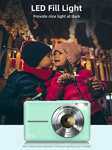 Digital Camera, FHD 1080P Kids Camera 44MP Point and Shoot Digital Cameras with 32GB SD Card, 16X Zoom, Two Batteries, Lanyard, Compact Small Camera for Kids Boys Girls Teens Students Seniors- Green