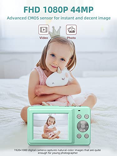 Digital Camera, FHD 1080P Kids Camera 44MP Point and Shoot Digital Cameras with 32GB SD Card, 16X Zoom, Two Batteries, Lanyard, Compact Small Camera for Kids Boys Girls Teens Students Seniors- Green