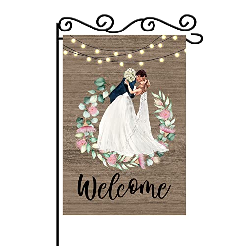 MEFENG Wedding Welcome Garden Flag-Welcome To Our Wedding Courtyard Lawn Rural Decor-Wedding Theme Party Decoration-Bride and Groom Anniversary Holiday Party Yard Outdoor Decorations.12*18 Inch Green