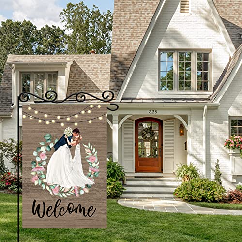 MEFENG Wedding Welcome Garden Flag-Welcome To Our Wedding Courtyard Lawn Rural Decor-Wedding Theme Party Decoration-Bride and Groom Anniversary Holiday Party Yard Outdoor Decorations.12*18 Inch Green