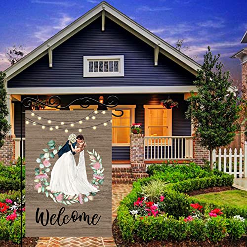 MEFENG Wedding Welcome Garden Flag-Welcome To Our Wedding Courtyard Lawn Rural Decor-Wedding Theme Party Decoration-Bride and Groom Anniversary Holiday Party Yard Outdoor Decorations.12*18 Inch Green