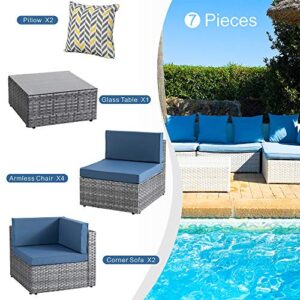 Walsunny Outdoor 7 Piece Patio Furniture Set, Outdoor Sectional Sofa Couch Patio Conversation Furniture Sets Silver Gray Rattan Wicker (Aegean Blue)