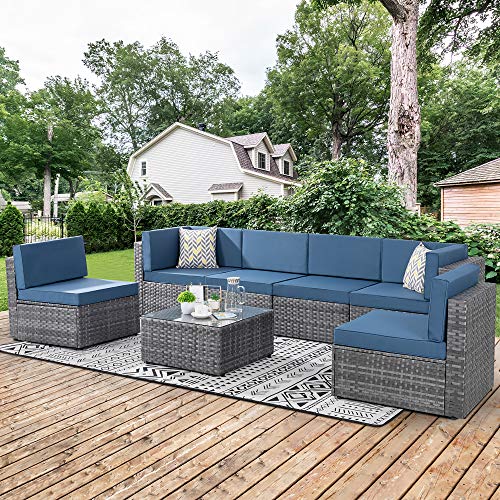 Walsunny Outdoor 7 Piece Patio Furniture Set, Outdoor Sectional Sofa Couch Patio Conversation Furniture Sets Silver Gray Rattan Wicker (Aegean Blue)