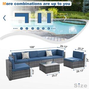 Walsunny Outdoor 7 Piece Patio Furniture Set, Outdoor Sectional Sofa Couch Patio Conversation Furniture Sets Silver Gray Rattan Wicker (Aegean Blue)