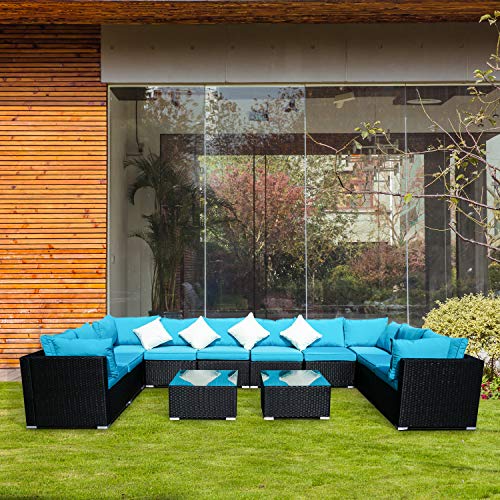 12 Pcs Outdoor Patio Furniture Sets Blue, Rattan Sofa with Cushion and Clips, PE