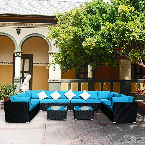 12 Pcs Outdoor Patio Furniture Sets Blue, Rattan Sofa with Cushion and Clips, PE