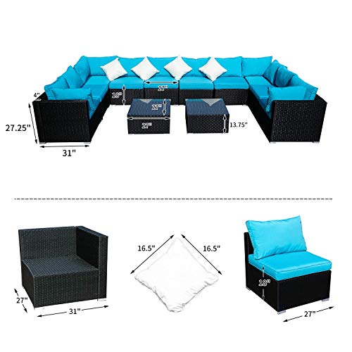 12 Pcs Outdoor Patio Furniture Sets Blue, Rattan Sofa with Cushion and Clips, PE